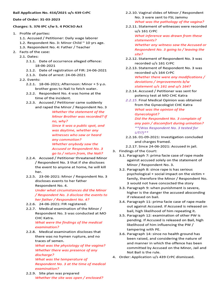Arguments - BAIL - Section 376 - POCSO - JK HC - 2023 | PDF | Bail | Crime & Violence