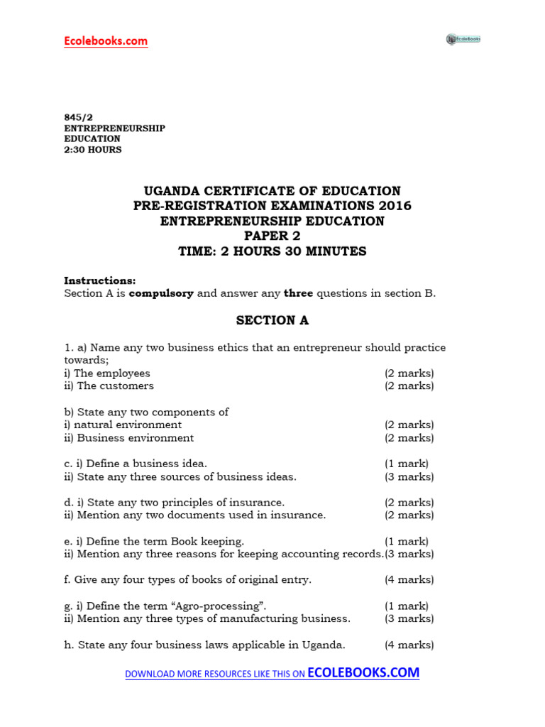 s.4 Ent Pp2 Revision & Past Papers | PDF | Entrepreneurship | Financial ...