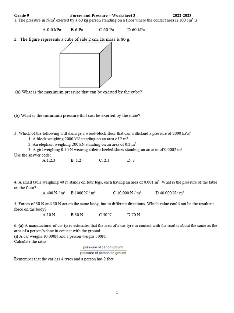 Grade 9 Forces and Pressure Worksheet | PDF | Pressure | Water