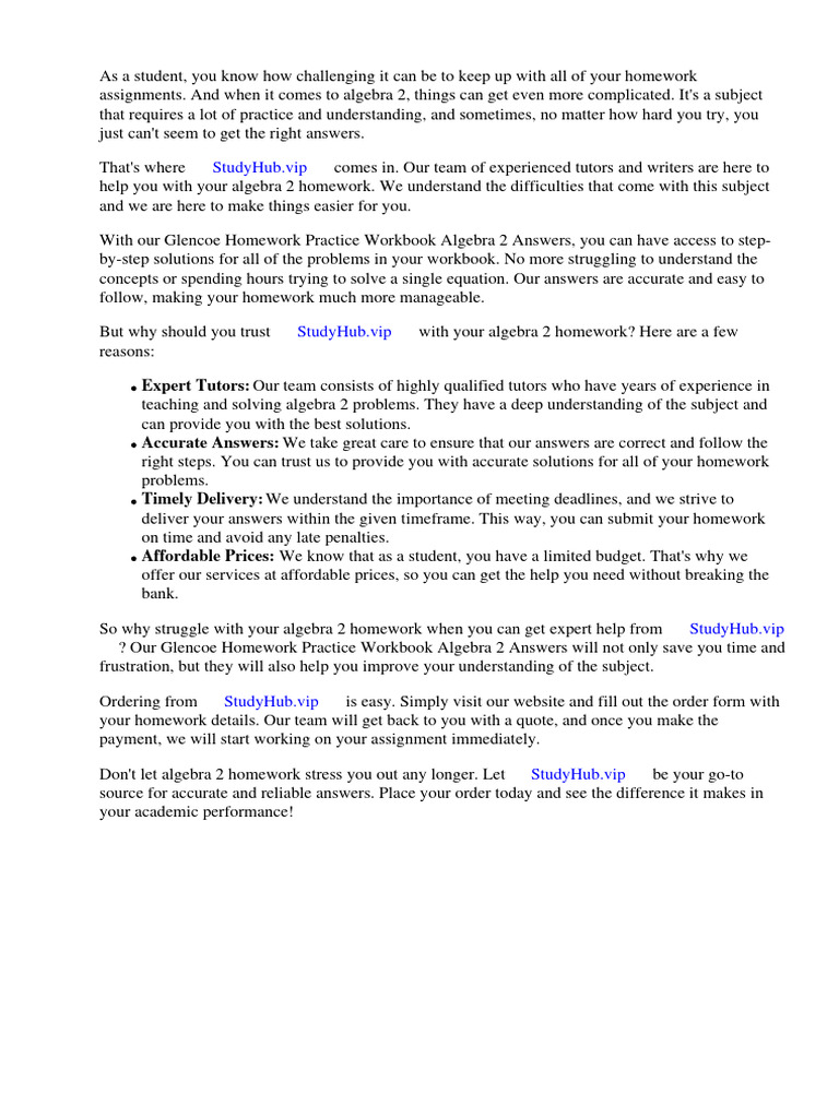 Glencoe Homework Practice Workbook Algebra 2 Answers | PDF | Algebra | Worksheet