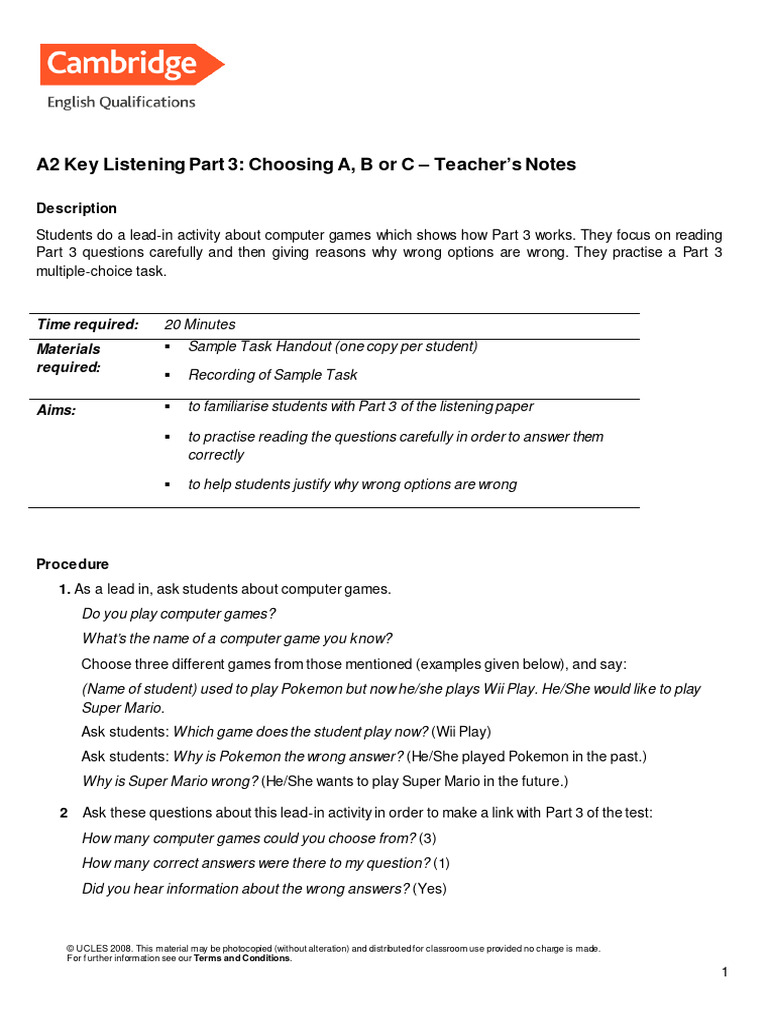 A2 Key Listening Part 3 | PDF | Question | Multiple Choice