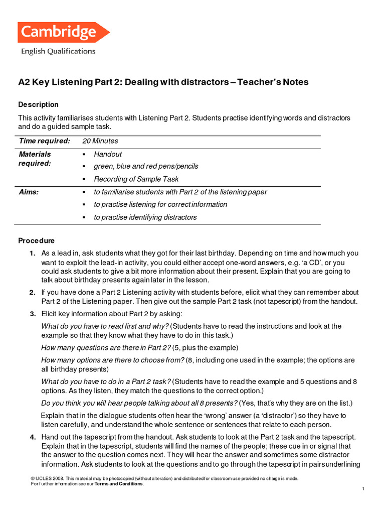 A2 Key Listening Part 2 Pdf Linguistics
