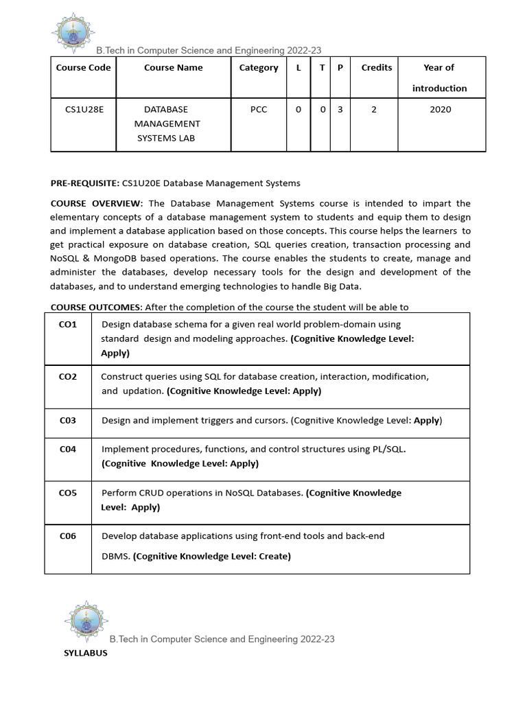 DBMS Lab Syllabus | PDF | Databases | Sql
