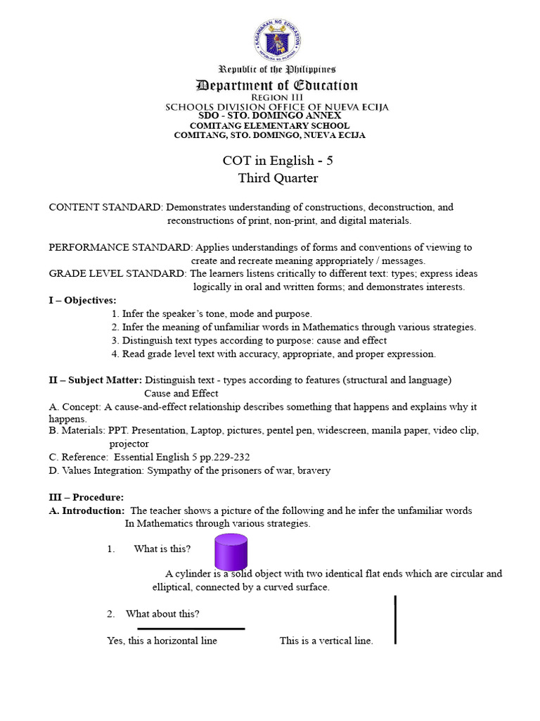 Grade 5 English COT Lesson Plan | PDF | Philippines