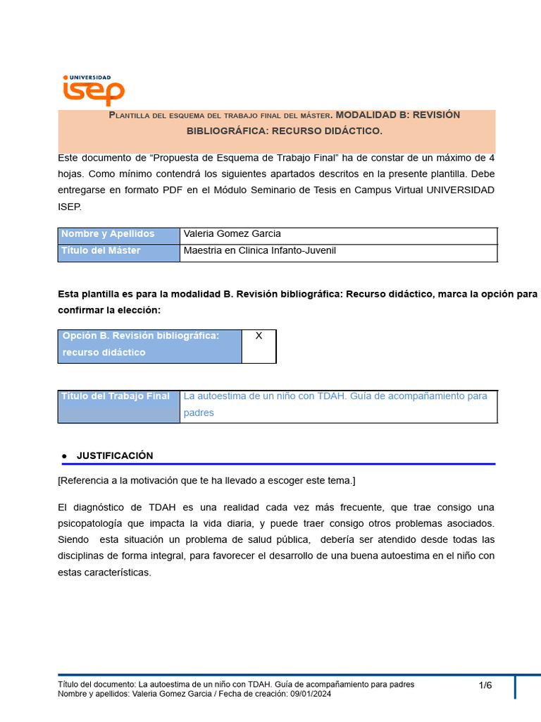 Plantilla Esquema TFM - Modalidad B - RB Con RD | PDF | Desorden hiperactivo y deficit de atencion