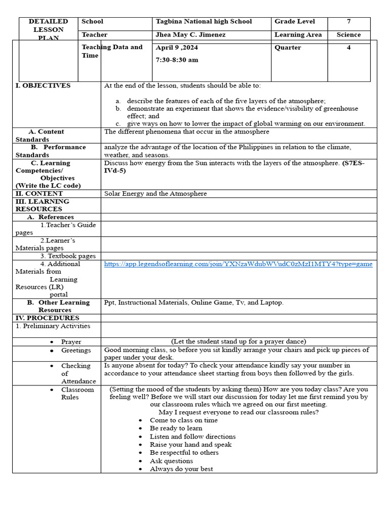 DETAILED LESSON PLAN FOR STE 7 CO 3 | PDF | Learning | Teachers