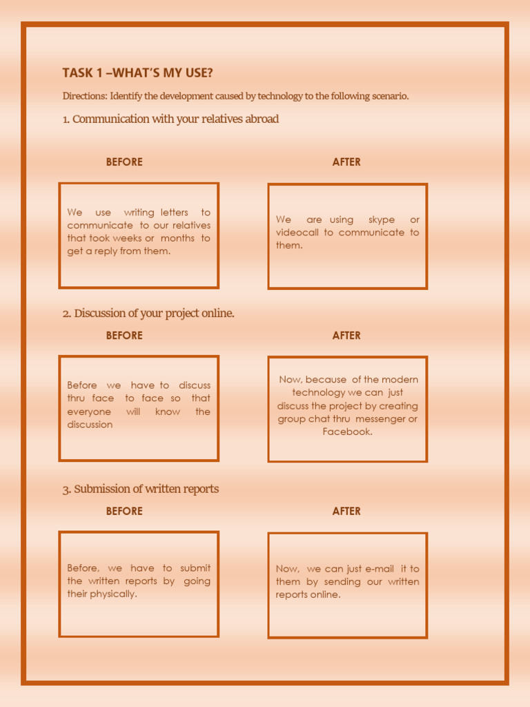 Task 1 - What'S My Use?: Directions: Identify The Development Caused by Technology To The ...