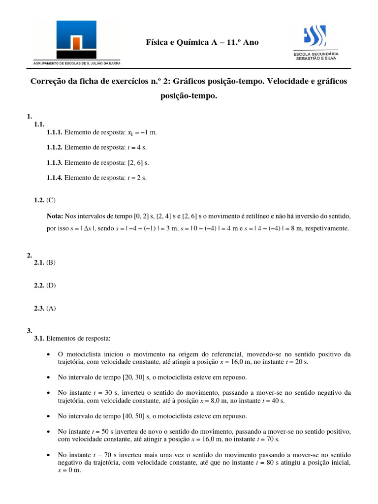 Correção Da Ficha De Exercícios N º 2 Gráficos Posição Tempo