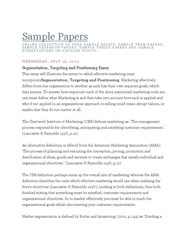 Sample Papers: Segmentation, Targeting and Positioning Essay | PDF ...