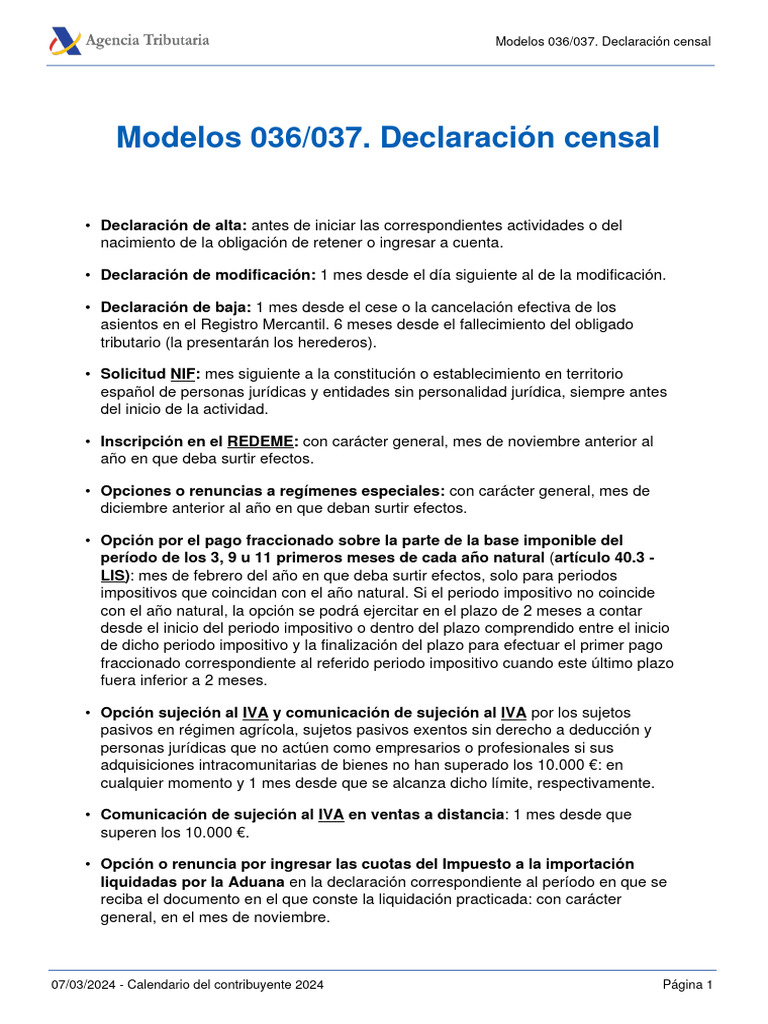 Guía de Plazos para Modelos 036/037 | PDF | Finanzas y dinero
