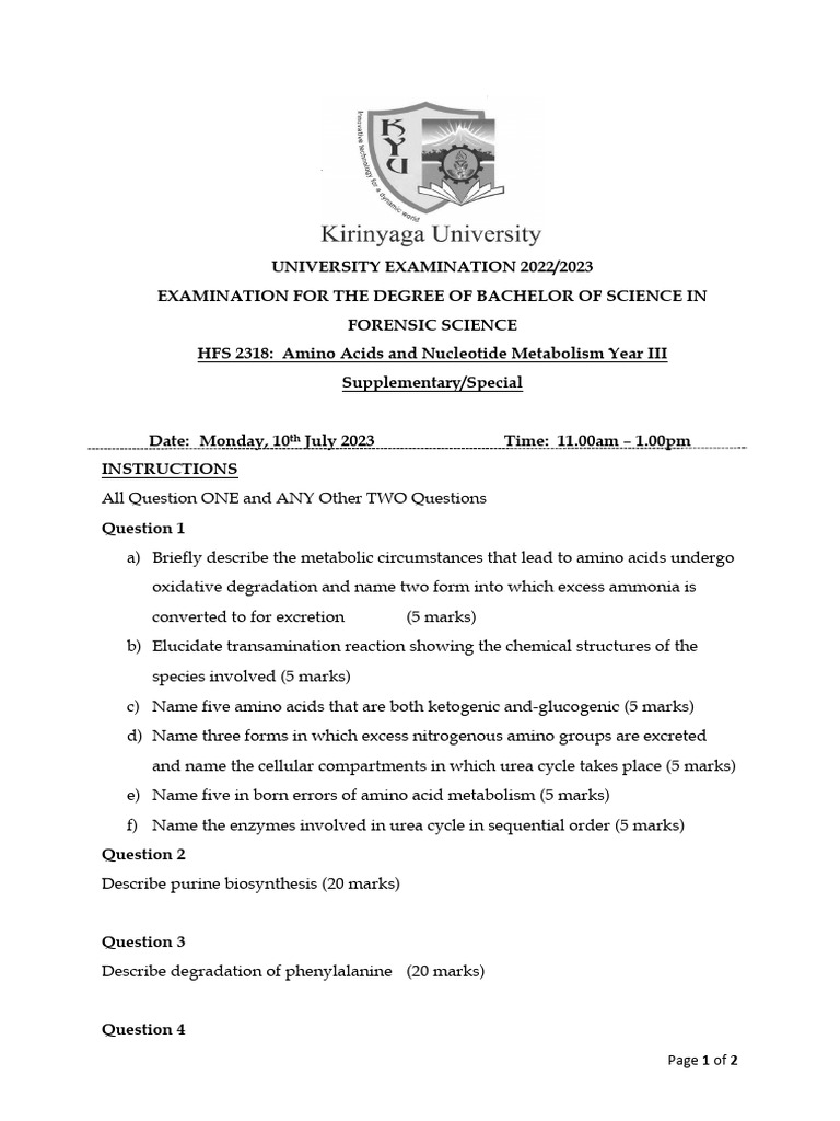 HFS 2318 Amino Acids and Nucleotide Metabolism Year III Supplementary ...