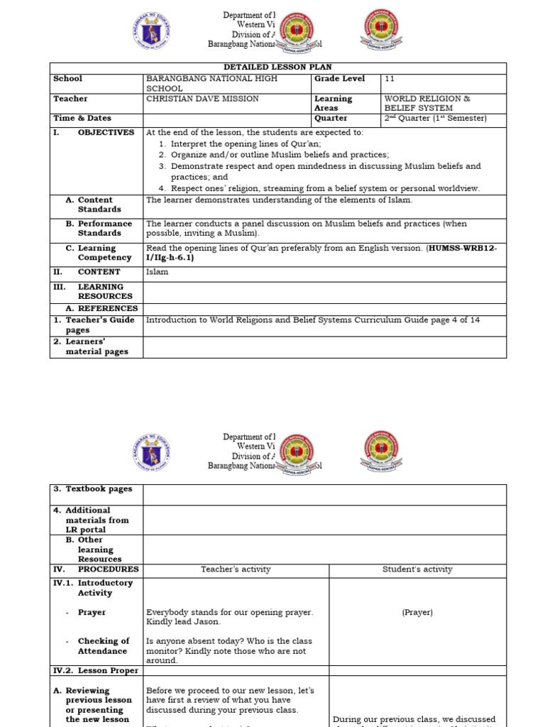 Grade 11 Islam Lesson Plan | PDF | Quran | Islam