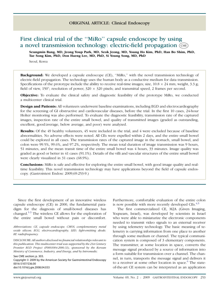 First Clinical Trial of The Miro'' Capsule Endoscope by Using A Novel ...