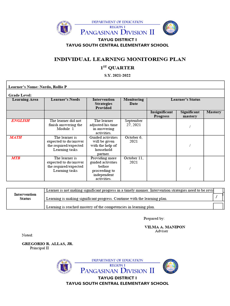 INDIV. LEARNING MONITORING PLAN Grade4 Maayos | PDF | Psychological Theories | Behavioural Sciences