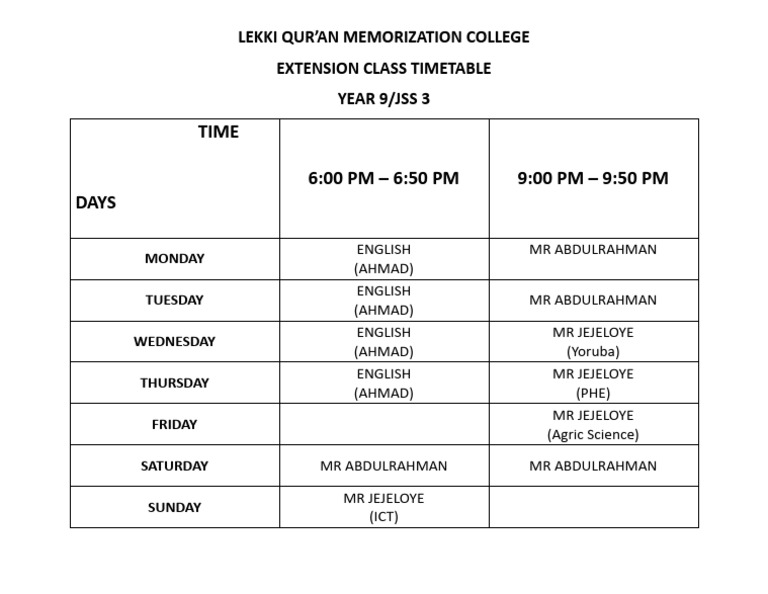 Extension Timetable For JSS 3 | PDF
