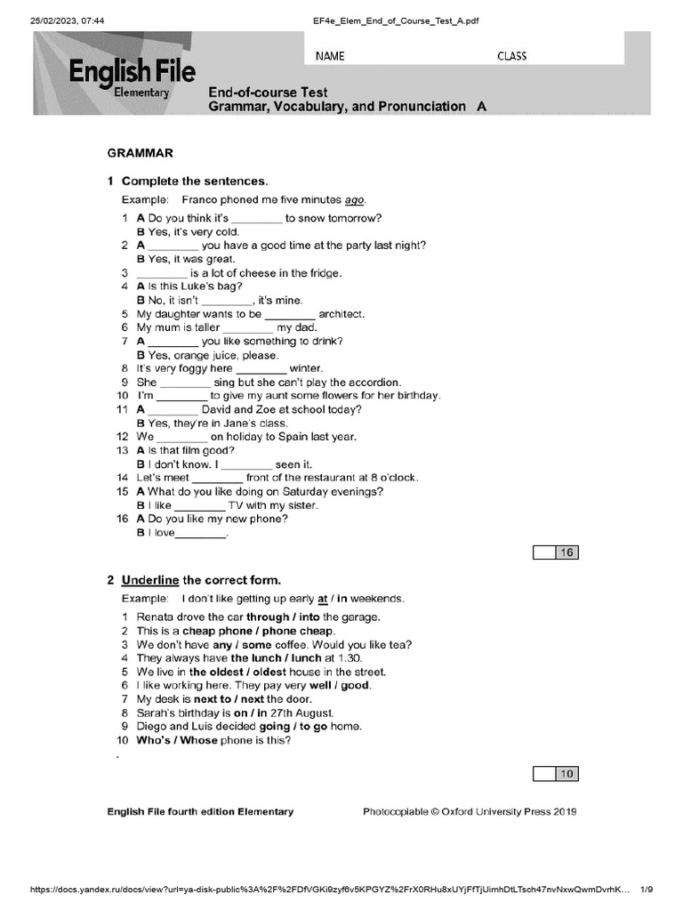 EF4e Elem End of Course Test A | PDF | Computers