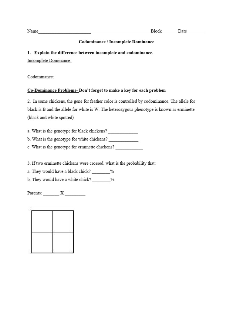 Incomplete-Cominance Worksheet | PDF | Dominance (Genetics) | Genotype