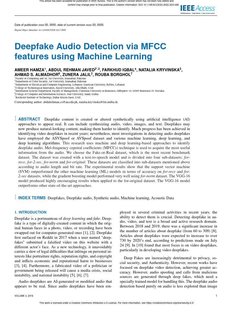 Deepfake Audio Detection Via Mfcc Features Using M Download Free Pdf