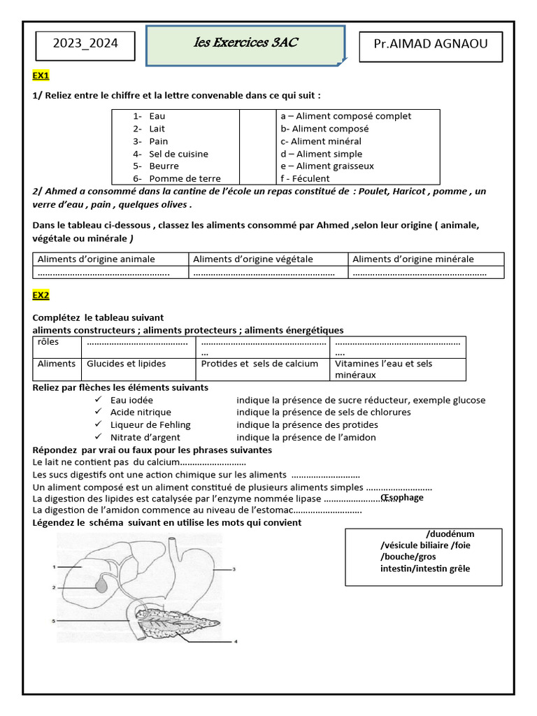 Exercices sur les Aliments et Digestion 3AC | PDF | Tractus gastro ...