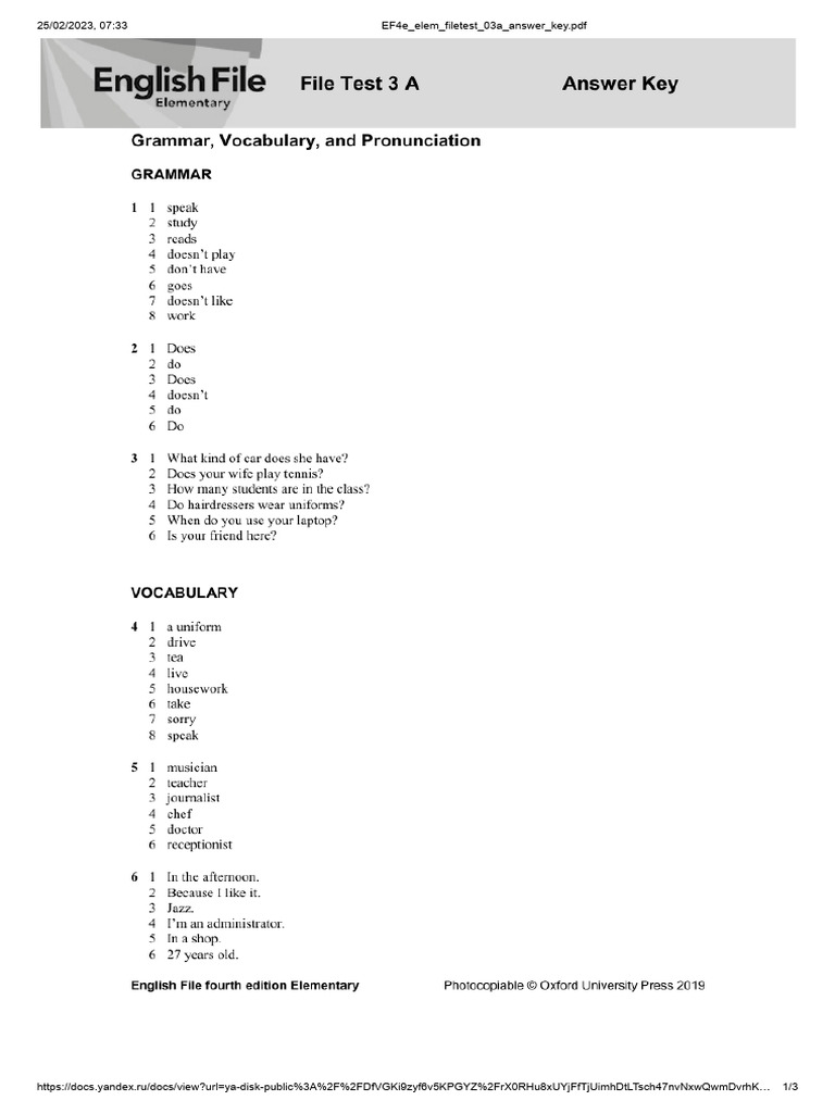EF4e Elem Filetest 03a Answer Key | PDF