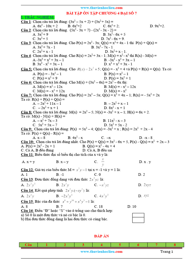 Bai Tap On C4 Dai So 7 | PDF