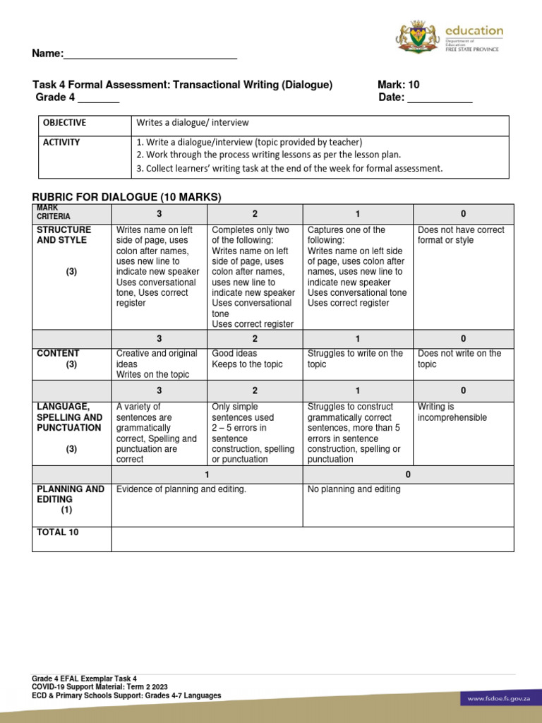 Grade 4 Term 2 Dialogue Assessment | PDF | Editing | Behavior Modification