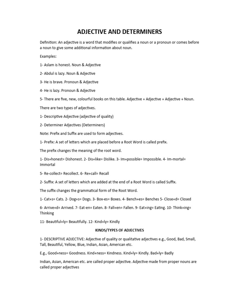 Adjective Demo and Determiners | PDF | Adjective | Grammatical Number