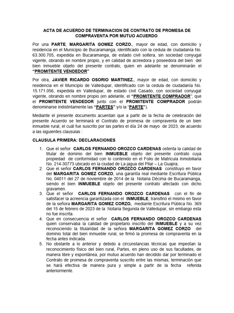 Acta de Acuerdo de Terminacion de Contrato de Promesa de Compraventa Por Mutuo Acuerdo ...