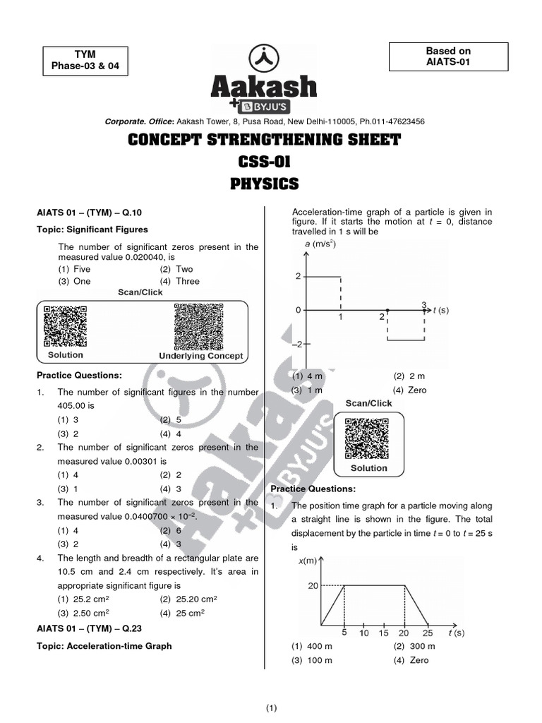 Concept Strengthening Sheet (CSS-01) Based On AIATS-01 (TYM 03 & 04) - Physics | PDF ...
