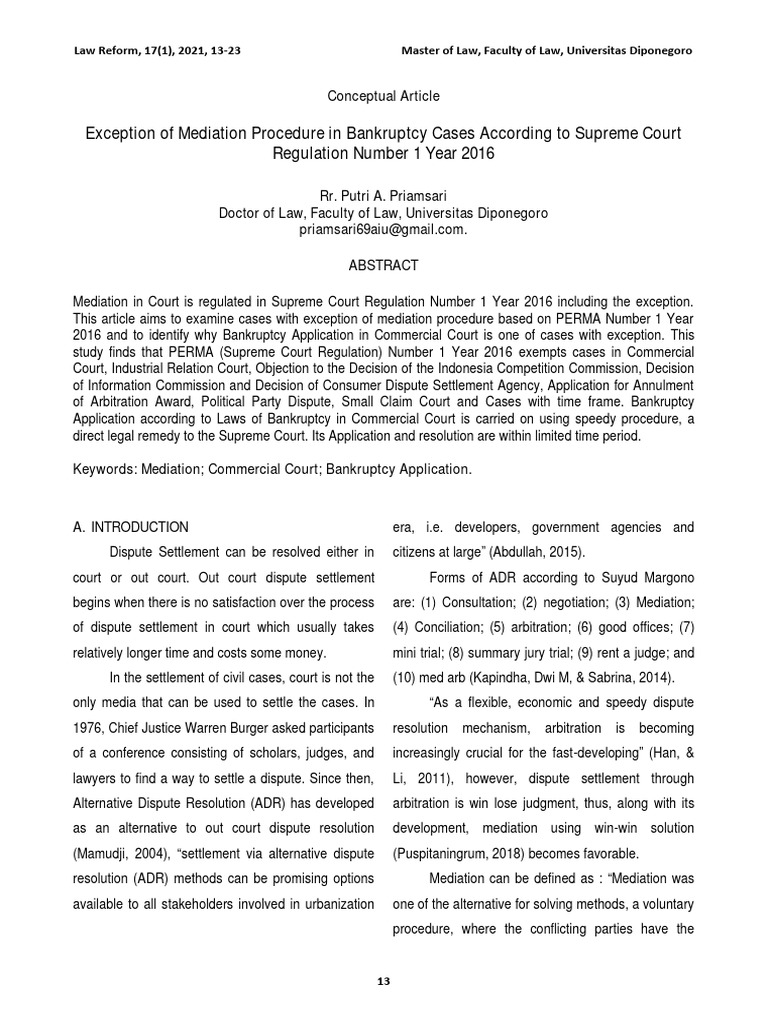Exception of Mediation Procedure in Bankruptcy Cases According To Supreme Court Regulation ...