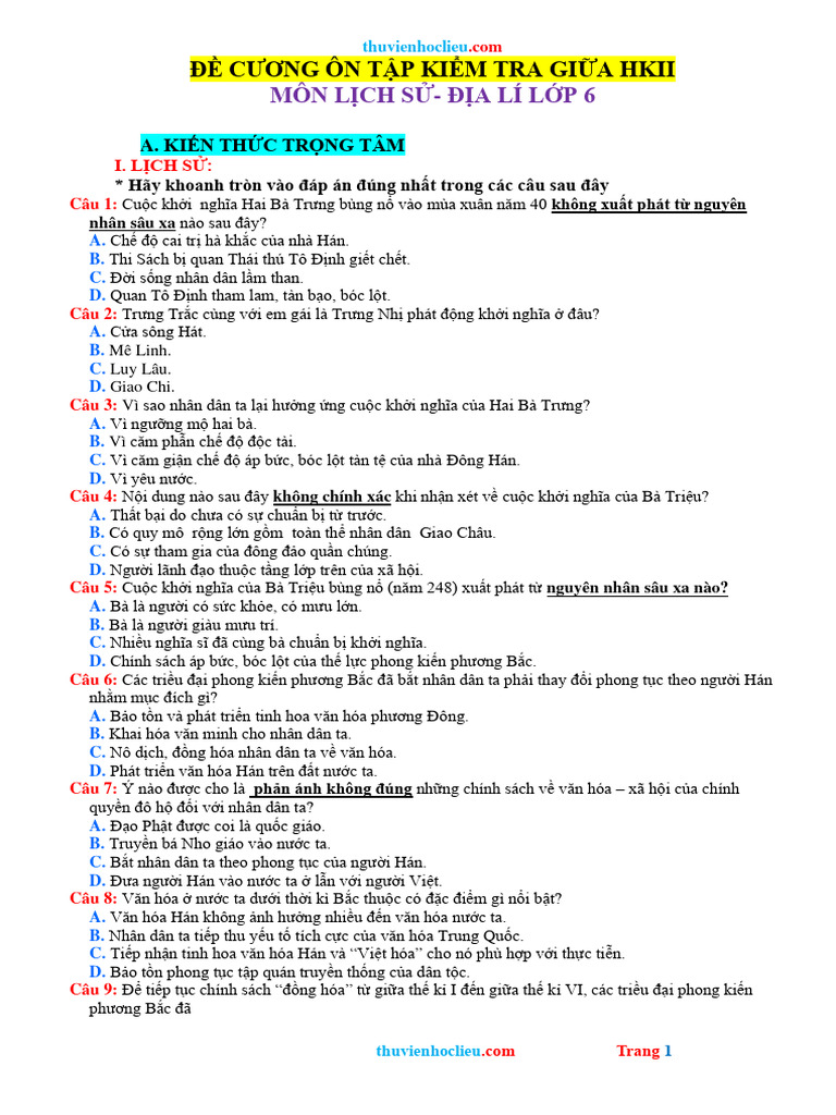 De Cuong On Tap Giua HK2 Lich Su Dia Li 6 KNTT | PDF