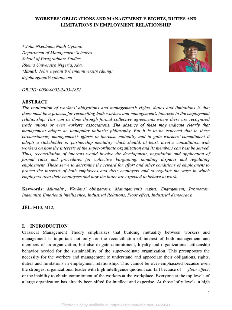 Workers' Obligations and Management's Rights, Duties and Ssrn-Id4455041 ...