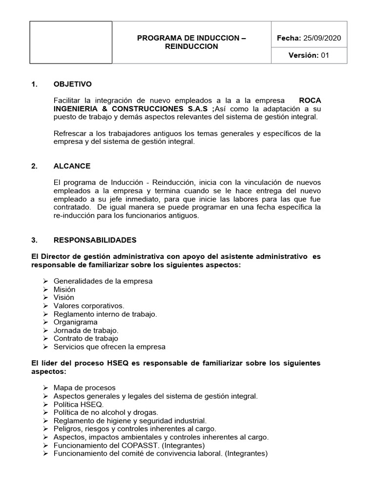 Programa de Induccion - Reinduccion | PDF | Business | Empleo