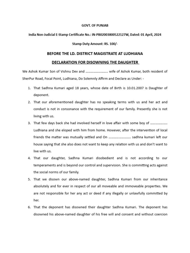 Disowning Declaration by Ashok Kumar | PDF | Affidavit
