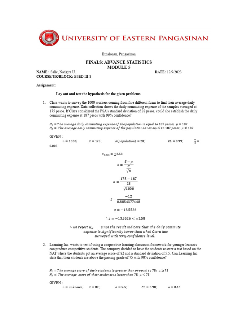 Advstat M5 | PDF | Statistical Analysis | Teaching Mathematics
