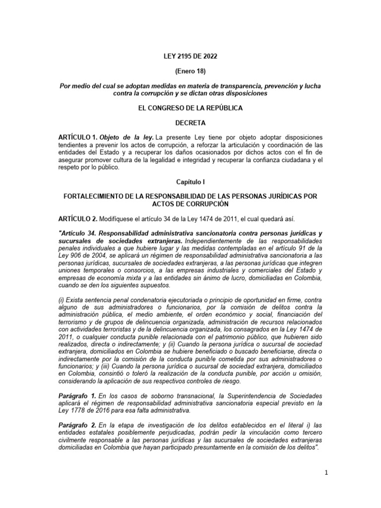 Ley 2195 De 2022 Pdf Corrupción Política Contabilidad