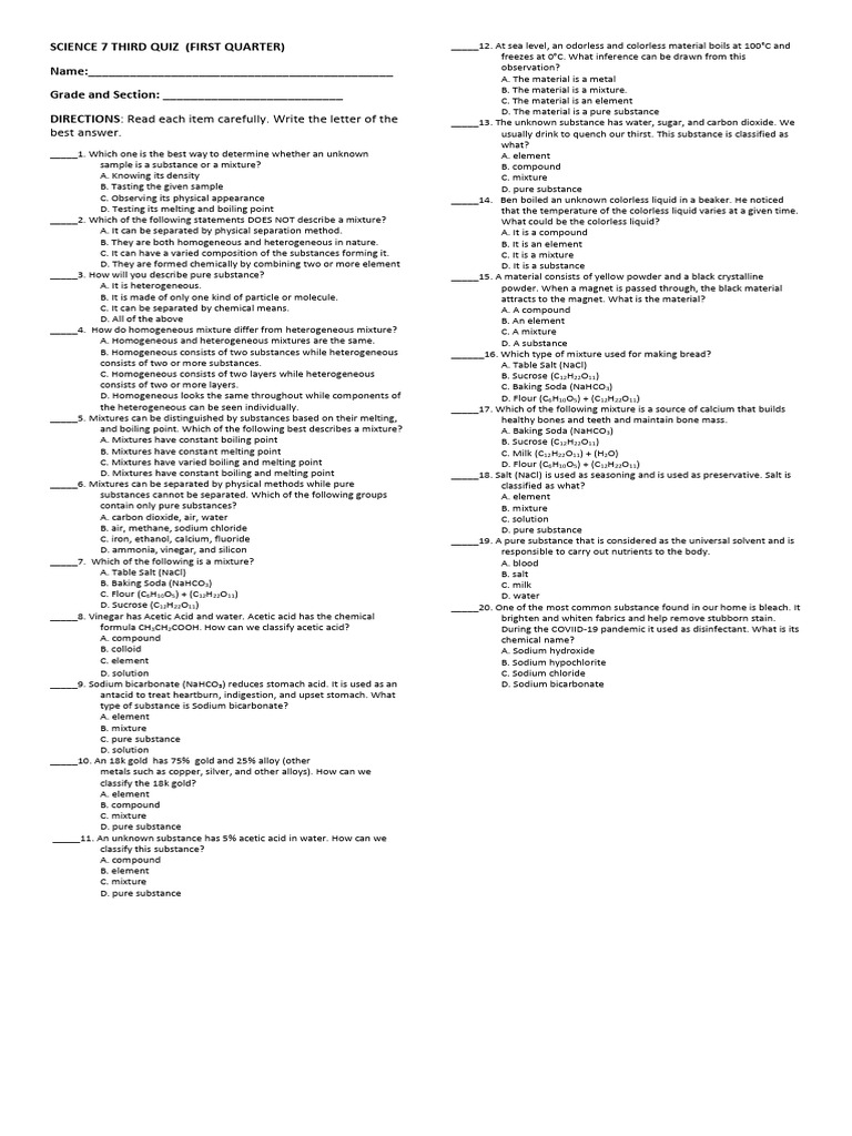 Q1 Science 7 Third Quiz Sy 2023-2024 | Download Free PDF | Mixture | Sodium Chloride