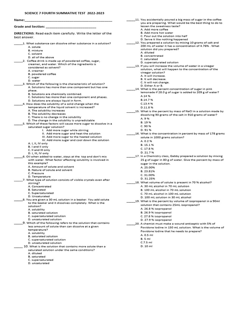 Q1 Science 7 Fourth Summative Test Sy 2023-2024 | PDF | Solubility ...