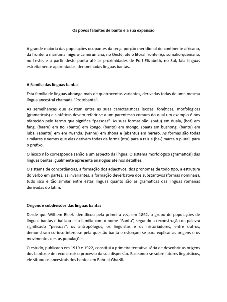 Os Povos Falantes de Banto e A Sua Expansão | PDF | Famílias ...