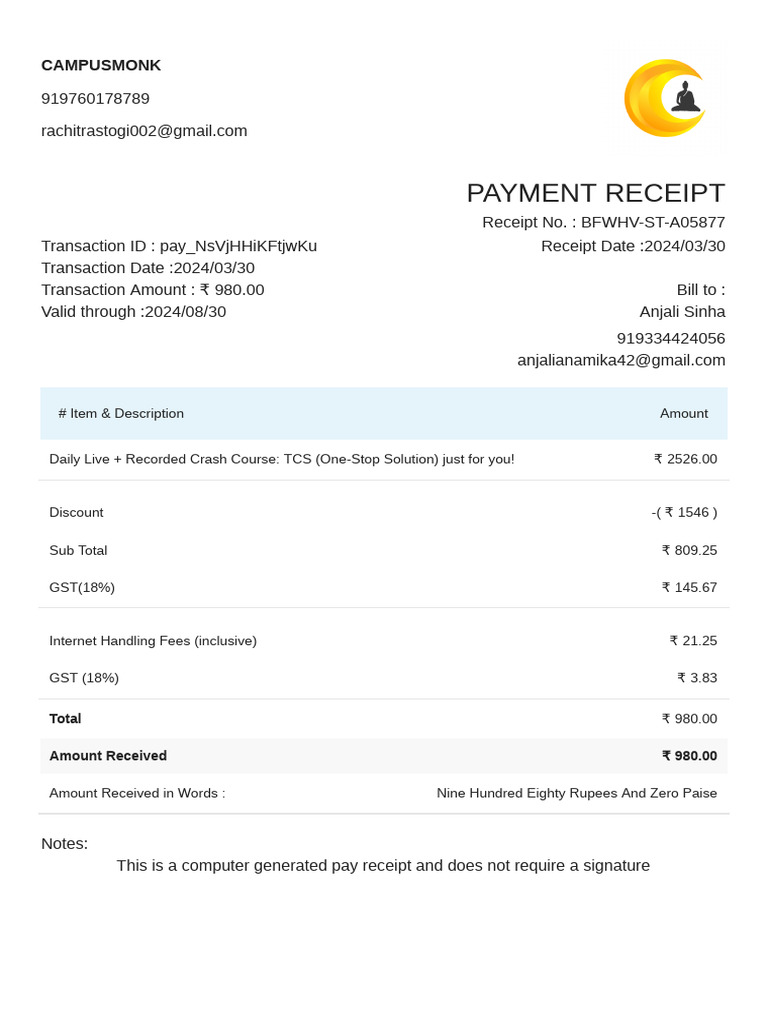 Payment Receipt for TCS Course | PDF