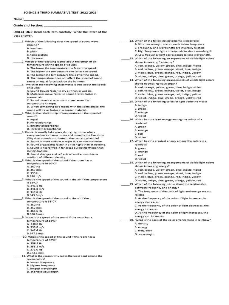 Q1 Science 8 Third Summative Test Sy 2022-2023 Oct 23, 2022 | PDF ...