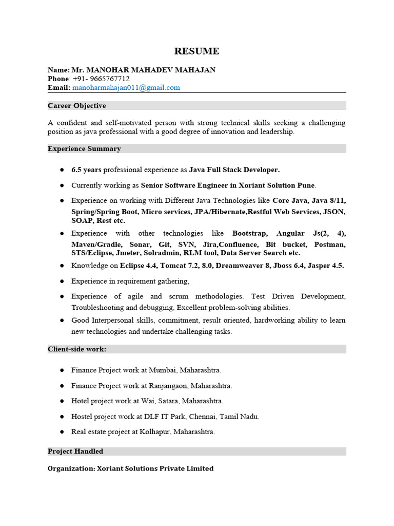 Manohar Mahajan Resume - 1689948409008 - Manohar Mahajan | PDF | Java (Programming Language ...