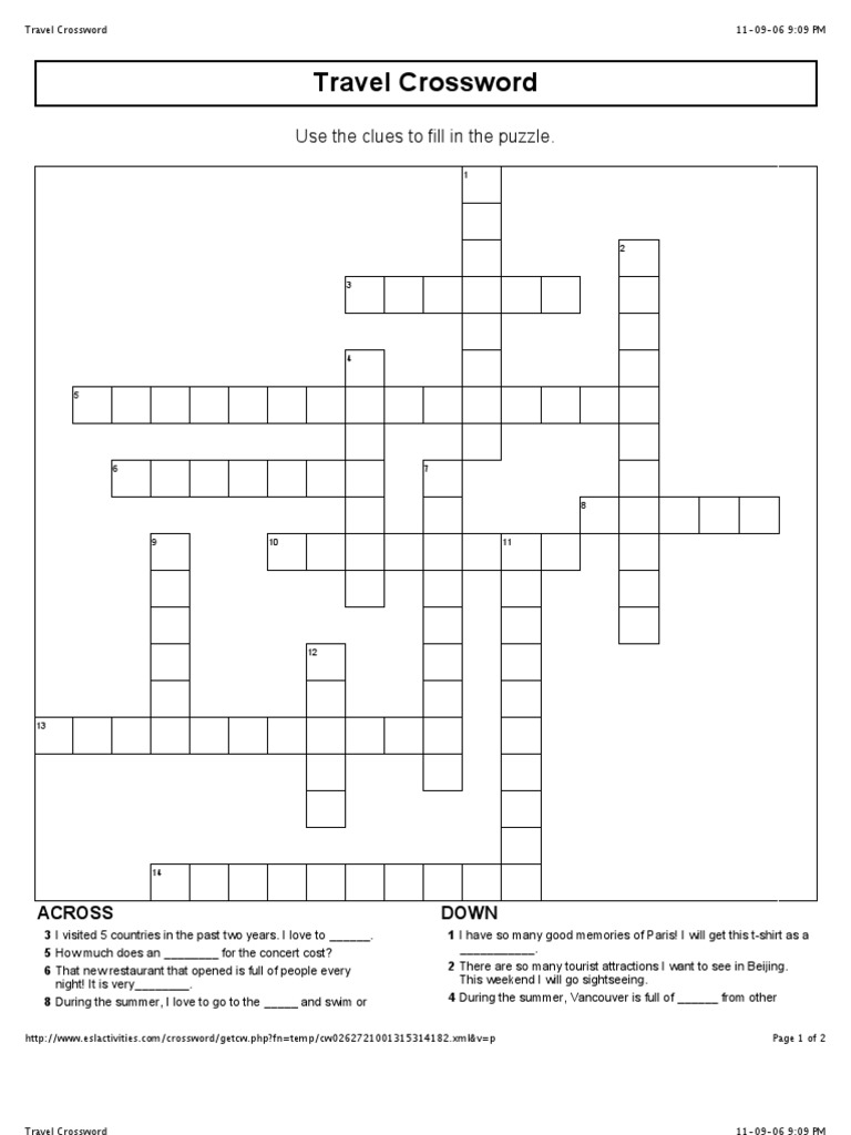 Travel Crossword | PDF | Crossword | Tourism