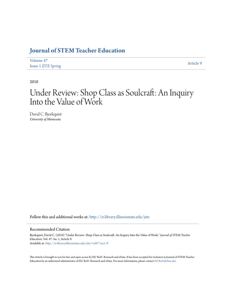 Under Review: Shop Class As Soulcraft: An Inquiry Into The Value of ...