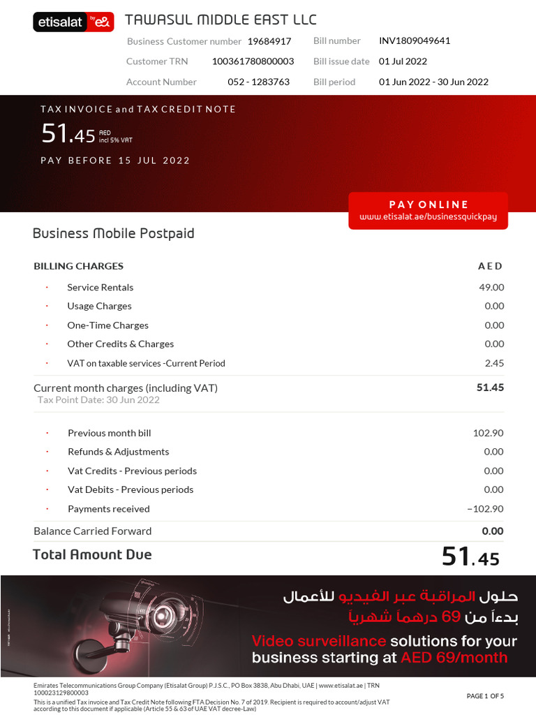 Etisalat Bill Model landline | PDF | Payments | Value Added Tax
