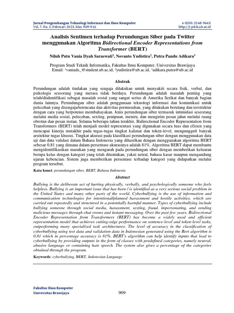 Analisis Sentimen Perundungan Siber BERT | PDF