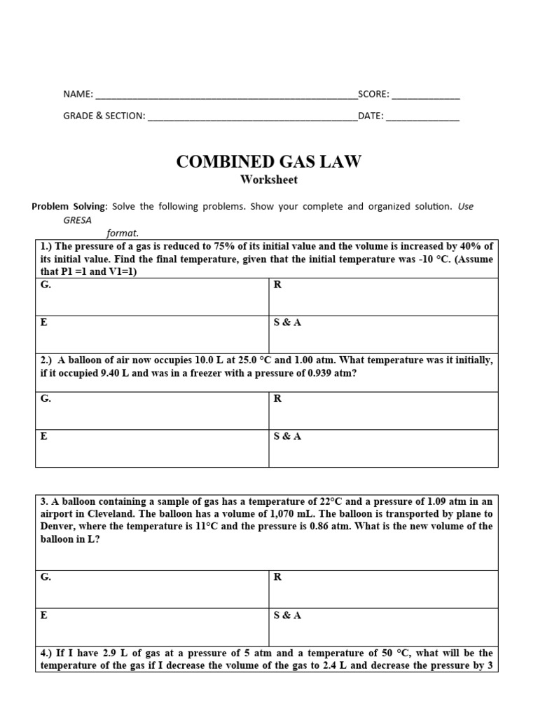 Combined Gas Law Worksheet | PDF