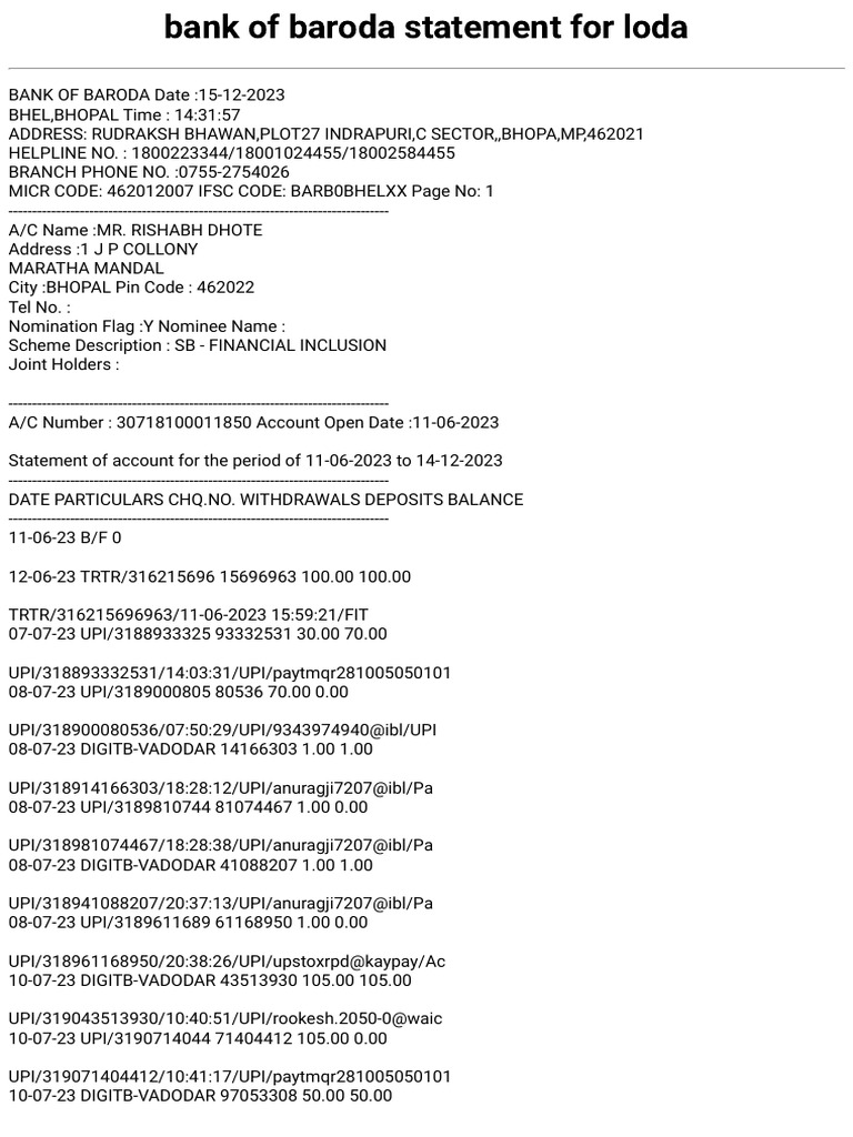Bank of Baroda Statement For Loda1702645891 | PDF | Cheque | Banks