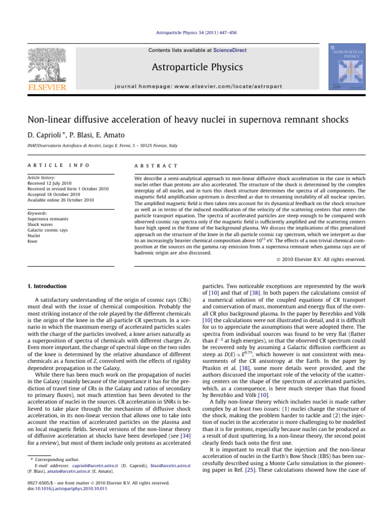 Non-Linear Diffusive Acceleration of Heavy Nuclei in Supernova Remnant Shocks (2011) | PDF ...