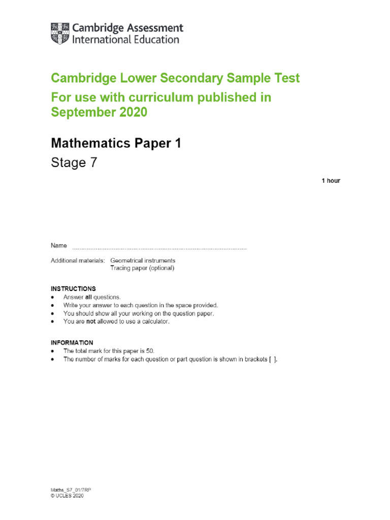 Mathematics Stage 7 Sample Paper 1 | PDF